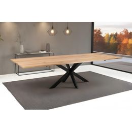 Esstisch 180(280)x90 cm mit Ansteckplatten Baumkante Wildeiche massiv Spider-Gestell schwarz SERRA