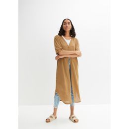 bonprix Strickmantel in Leinen-Optik, beige, Gr.44/46 (L), Offener Long-Cardigan in Leinenoptik