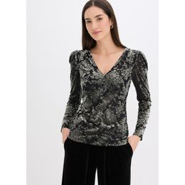 bonprix Langarmshirt aus D&eacute;vor&eacute;-Samt, schwarz, Gr.44/46 (L), Langarmshirt mit halbtransparentem floralem Samt-Ausbrennermuster und tiefem V-Ausschnitt vorne, aus Samt