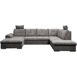 Wohnlandschaft WERK2 "Arena", grau, B:339cm H:102cm T:220cm, 100% Polyester, Sofas, Wohnlandschaft, 2x Kopfst&uuml;tzen, Schlaffunktion und Bettkasten