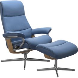 Relaxsessel stressless "View", blau (lazuli blau), B:91cm H:110cm T:85cm, Sessel, Relaxsessel, mit Hocker, mit Cross Base, Gr&ouml;&szlig;e S, M & L, Holzakzent Eiche