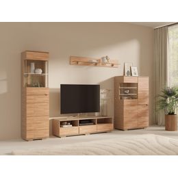 Wohnwand OTTO HOME "VETRO einlegeboden verstellbar,Kabeldurchf&uuml;hrung in TV-teil,Wohnzimmer", eichefarben, Kastenm&ouml;bel-Sets, Wohnwand, Wohnwand Set4St,290cm Breit,dekorative Glasel.,Stauraum,Fronten Massiv