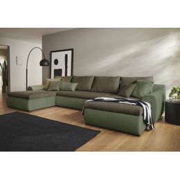Wohnlandschaft Home Affaire "Win U-Form, B: 366 cm - OTTO. Verl&auml;ssliche Qualit&auml;t.", gr&uuml;n (olive gr&uuml;n), B:366cm H:85cm T:176cm, 100% Polyester, Sofas, Wohnlandschaft, mit Bettfunktion, Bettkasten & 5 Zierkissen