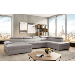 Sit & More Wohnlandschaft SIT & MORE "Valantine U-Form, B: 349 cm", grau (light grau), B:349cm H:73cm T:226cm, NaturLEDER;Spannstoff, Sofas, Wohnlandschaft, mit Arm- & Kopfteilverstellung, optional mit Bettfunktion