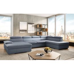 Sit & More Wohnlandschaft SIT & MORE "Valantine U-Form, B: 349 cm", bunt (graublau), B:349cm H:73cm T:226cm, NaturLEDER;Spannstoff, Sofas, Wohnlandschaft, mit Arm- & Kopfteilverstellung, optional mit Bettfunktion