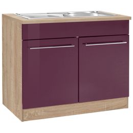 Sp&uuml;lenschrank KOCHSTATION "KS-Eton", lila (aubergine hochglanz), B:100cm H:85cm T:60cm, Schr&auml;nke, Sp&uuml;lenschrank, Breite 100 cm