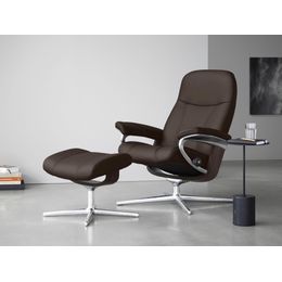 Relaxsessel stressless "Consul", braun (braun batick), B:78cm H:97cm T:70cm, Leder BATICK: BATICK ist ein leicht korrigiertes, durchgef&auml;rbtes und genarbtes M&ouml;belleder, bei dem die meisten Unebenheiten und Spuren in der Regel entfernt wurden., Sessel, Relaxsessel, mit Hocker, mit Cross Base, Gr&ouml;&szlig;e S, M & L, Holzakzent Wenge