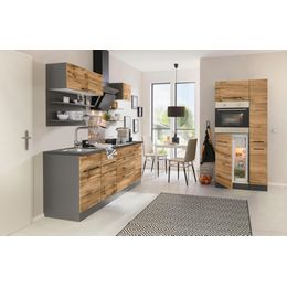 K&uuml;chenzeile KOCHSTATION "KS-Tulsa", braun (k&uuml;che: natur, korpus: grafit, arbeitsplatte: anthrazit), B:320cm T:60cm, Komplettk&uuml;chen-Sets, K&uuml;chenzeile, ohne E-Ger&auml;te, Breite 320 cm, schwarze Metallgriffe, MDF Fronten