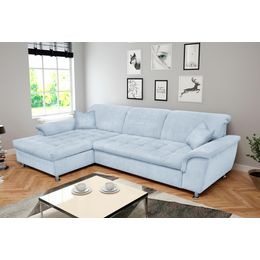 Ecksofa DOMO collection "Franzi Steppung im Sitzbereich B7T/H: 278/162/80 cm, L-Form", blau (pastelblau), B:278cm H:80cm T:171cm, Flachgewebe (100% Polyester);Chenille (100% Polyester), Sofas, Ecksofa, wahlweise mit Bettfunktion, Bettkasten und Kopfteilverstellung, Topseller