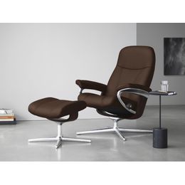 Relaxsessel stressless "Consul", braun (malt braun batick), B:82cm H:102cm T:72cm, Leder BATICK: BATICK ist ein leicht korrigiertes, durchgef&auml;rbtes und genarbtes M&ouml;belleder, bei dem die meisten Unebenheiten und Spuren in der Regel entfernt wurden., Sessel, Relaxsessel, mit Hocker, mit Cross Base, Gr&ouml;&szlig;e S, M & L, Holzakzent Braun