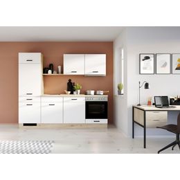 K&uuml;che IMPULS K&Uuml;CHEN "Porto", Ausrichtung w&auml;hlbar, Schubk&auml;sten mit Soft-Close", wei&szlig; (k&uuml;che: wei&szlig;, korpus: eiche, nachbildung hell, arbeitsplatte: eiche, nachbildung hell), B:240cm H:206,2cm T:60cm, Komplettk&uuml;chen-Sets, K&uuml;chenzeile, vormontiert, wahlweise mit E-Ger&auml;ten, mit Vollauszug, Breite 240 cm