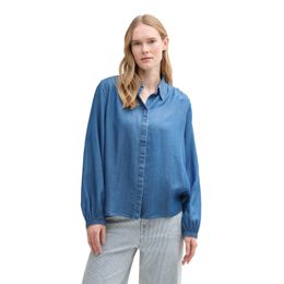 Hemdbluse Tom Tailor, Damen, Gr. 44, blau (blau denim), Denim/Jeans, Obermaterial: 100% Lyocell, unifarben, regular fit taillenbedeckt, elastischer Bund, Blusen Hemdbluse, mit Kent Kragen