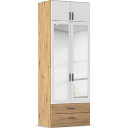 Kleiderschrank Rauch "Schrank Garderobe W&auml;scheschrank GAMMA in 4 Breiten 91-226 cm", eiche artisan, alpinwei&szlig;, griffstangen graumetallic, B:91cm H:248cm T:54cm, Holzwerkstoff, Schr&auml;nke, Kleiderschrank, mit Schubladen und Schrankaufsatz sowie Spiegel MADE IN GERMANY