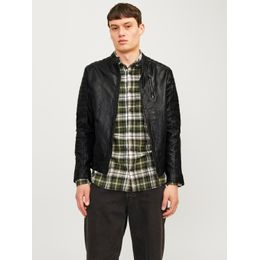 Jack & Jones Lederjacke JACK & JONES "JJERICHARD LEATHER JACKET NOOS", Herren, Gr. XXL, schwarz, Web, Obermaterial: 100% Lammleder, unifarben, normal, 1-Knopf-Manschette, Jacken