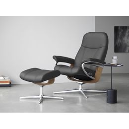 Relaxsessel stressless "Consul", grau (grau batick), B:78cm H:97cm T:70cm, Leder BATICK: BATICK ist ein leicht korrigiertes, durchgef&auml;rbtes und genarbtes M&ouml;belleder, bei dem die meisten Unebenheiten und Spuren in der Regel entfernt wurden., Sessel, Relaxsessel, mit Hocker, mit Cross Base, Gr&ouml;&szlig;e S, M & L, Holzakzent Eiche