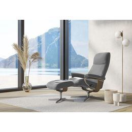 Relaxsessel stressless "View", grau (wild dove batick), B:82cm H:109cm T:81cm, Leder BATICK: BATICK ist ein leicht korrigiertes, durchgef&auml;rbtes und genarbtes M&ouml;belleder, bei dem die meisten Unebenheiten und Spuren in der Regel entfernt wurden., Sessel, Relaxsessel, mit Hocker, mit Cross Base, Gr&ouml;&szlig;e S, M & L, Holzakzent Eiche