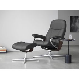 Relaxsessel stressless "Consul", grau (grau batick), B:82cm H:102cm T:72cm, Leder BATICK: BATICK ist ein leicht korrigiertes, durchgef&auml;rbtes und genarbtes M&ouml;belleder, bei dem die meisten Unebenheiten und Spuren in der Regel entfernt wurden., Sessel, Relaxsessel, mit Hocker, mit Cross Base, Gr&ouml;&szlig;e S, M & L, Holzakzent Wenge