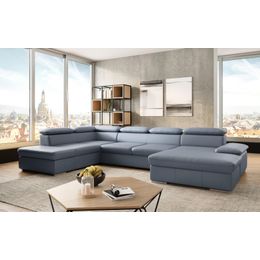 Sit & More Wohnlandschaft SIT & MORE "Valantine U-Form, B: 349 cm", bunt (graublau), B:349cm H:73cm T:226cm, NaturLEDER;Spannstoff, Sofas, Wohnlandschaft, mit Arm- & Kopfteilverstellung, optional mit Bettfunktion