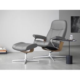 Relaxsessel stressless "Consul", grau (wild dove batick), B:91cm H:102cm T:79cm, Leder BATICK: BATICK ist ein leicht korrigiertes, durchgef&auml;rbtes und genarbtes M&ouml;belleder, bei dem die meisten Unebenheiten und Spuren in der Regel entfernt wurden., Sessel, Relaxsessel, mit Hocker, mit Cross Base, Gr&ouml;&szlig;e S, M & L, Holzakzent Eiche