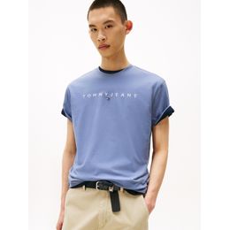 T-Shirt Tommy Jeans "TJM REG LINEAR LOGO TEE EXT", Herren, Gr. M, blau (blau moment), Single Jersey, Obermaterial: 100% Baumwolle, Rundhals, Shirts T-Shirt