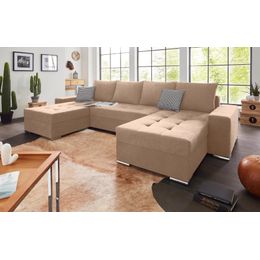 Wohnlandschaft Collection AB "Josy XL U-Form, Breite: 313 cm", hellbraun, B:313cm H:84cm T:161cm, 100% Polyester, Sofas, Wohnlandschaft, mit Bettfunktion, Bettkasten & 2 Zierkissen, Federkern, Topseller