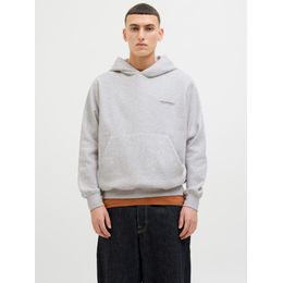 Jack & Jones Kapuzensweatshirt JACK & JONES "JORISLINGTON BACK SWEAT HOOD SN", Herren, Gr. M, grau (wei&szlig; melange), angeraute Sweatware, Obermaterial: 70% Baumwolle, 30% Polyester, meliert, loose fit normal, Rippb&uuml;ndchen, Sweatshirts