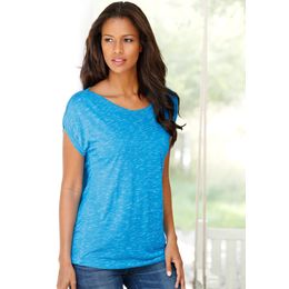 Kurzarmshirt Lascana "mit Schulterraffung", Damen, Gr. 40/42, blau (t&uuml;rkis), Obermaterial: 90% Viskose, 10% Polyester, meliert, bequem normal, Rundhals, Shirts, aus weicher Viskose-Qualit&auml;t