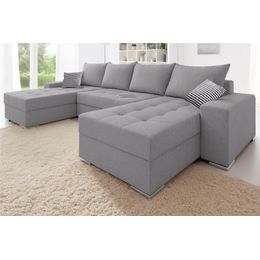Wohnlandschaft Collection AB "Josy XL U-Form, Breite: 313 cm", hellgrau, B:313cm H:84cm T:161cm, 100% Polyester, Sofas, Wohnlandschaft, mit Bettfunktion, Bettkasten & 2 Zierkissen, Federkern, Topseller