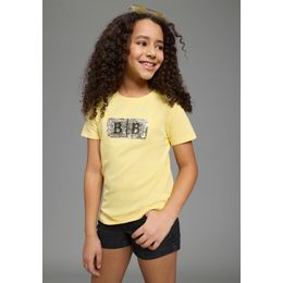 T-Shirt Bruno Banani "Banani Paillettenshirt f&uuml;r modische Girls", M&auml;dchen, Gr. 140/146, gelb, Single Jersey, Obermaterial: 95% Baumwolle, 5% Elasthan, bedruckt, unifarben, Basic, Rundhals, Shirts T-Shirt, modische Basic-Passform, Kurzarm, mit Pailletten und Print