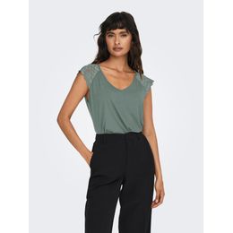 V-Shirt Only "ONLPETRA S/S LACE MIX TOP CS JRS", Damen, Gr. XL, gr&uuml;n (chinois gr&uuml;n), Single Jersey, Obermaterial: 95% Viskose, 5% Elasthan, unifarben, slim fit normal, V-Ausschnitt, Shirts