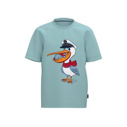 T-Shirt TRIGEMA "TRIGEMA T Shirt mit Pelikan Print", Jungen, Gr. 104, gletscher, Single Jersey, 100% Baumwolle, Rundhals, Shirts T-Shirt