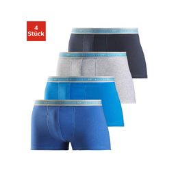 Boxer AUTHENTIC UNDERWEAR "Boxershorts f&uuml;r Herren", Herren, Gr. 4 (S), 4 Stk., blau (blau, t&uuml;rkis, grau, meliert, marine), Jersey, Obermaterial: 95% Baumwolle, 5% Elasthan, unifarben, k&ouml;rpernah, Unterhosen, schwarzer Webbund mit Logoschriftzug