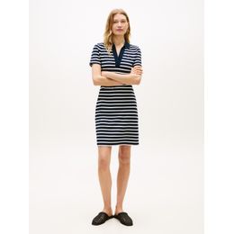 Polokleid Tommy Hilfiger "SLIM OPEN NK POLO DRESS SS", Damen, Gr. L (42/44), N-Gr, breton stripe schwarz night, ecru, Jersey, Obermaterial: 96% Baumwolle, 4% Elasthan, gestreift, figurbetont, V-Ausschnitt, Kleider, mit gestickter Tommy Hilfiger Flagge