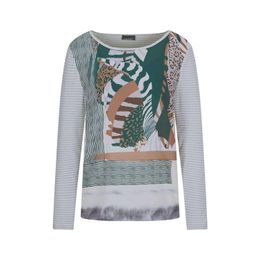 Langarmshirt GOLDNER "Kurzgr&ouml;&szlig;e Langarm Satinshirt mit Allover-Print", Damen, Gr. 24, gr&uuml;n (graugr&uuml;n, gemustert), Obermaterial: 50% Polyester PES. 46% Viskose CV. 4% Elasthan EL., figurumspielend, U-Boot-Ausschnitt, Shirts Langarmshirt, Muster- und Materialmix