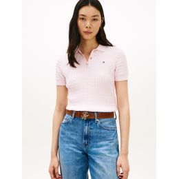 Poloshirt Tommy Hilfiger "CO CABLE POLO-NK SS SWEATER", Damen, Gr. L (42/44), light pink, Single Jersey, Obermaterial: 100% Baumwolle, unifarben, regular fit, Rundhals, Shirts, mit Zopfmuster