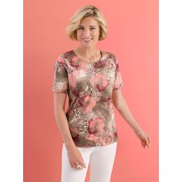 Rundhalsshirt Classic Basics "Rundhals-Shirt", Damen, Gr. 38, rosa (ecru, flamingo, bedruckt), 100% Baumwolle, gebl&uuml;mt, gemustert, Rundhals, Shirts Rundhalsshirt
