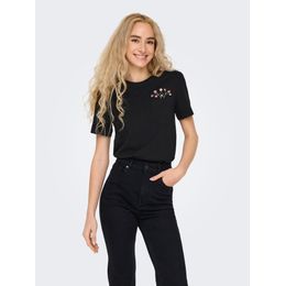 Kurzarmshirt Only "ONLPOLLY LIFE REG S/S POCKET TOP BOX JRS", Damen, Gr. L, schwarz print:flower bouquet, Jersey, Obermaterial: 100% Baumwolle, bedruckt, regular fit normal, Rundhals, Shirts, Baumwolle, regular fit, Rundhals