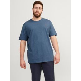 Jack & Jones PlusSize T-Shirt "JJEPAULOS TEE SS CREW NECK NOOS PLS", Herren, Gr. 4XL, blau (denim blau), Jersey, Obermaterial: 100% Baumwolle, JACK & JONES PLUSSIZE, unifarben, Basic, regular fit normal, Rundhals, gerader Abschluss, Shirts T-Shirt, mit Logo Stickerei