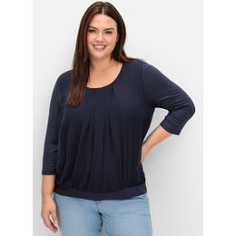 Blusenshirt sheego "Blusenshirt", Damen, Gr. 40/42, blau (tiefblau), 95% Viskose, 5% Elasthan, unifarben, Rundhals, Shirts Blusenshirt