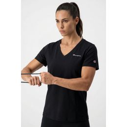 T-Shirt Champion "ICONS CONTRAST V-Neck T-Shirt", Damen, Gr. M (40), schwarz (nbk), Obermaterial: 100% Baumwolle, Rundhals, Shirts T-Shirt, sportlicher Stil, f&uuml;r sportliche Aktivit&auml;ten, Kurzarmdesign
