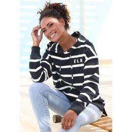 Kapuzensweatshirt ELBSAND, Damen, Gr. L (40), blau (marine, wei&szlig;), Sweatware, Obermaterial: 95% Baumwolle, 5% Elasthan, gestreift, figurumspielend h&uuml;ftbedeckend, Rippb&uuml;ndchen, Sweatshirts, mit Logoprint
