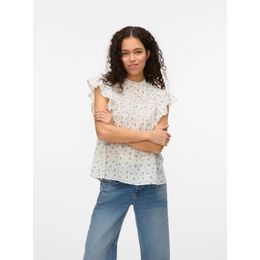 V&eacute;ro Moda Blusenshirt VERO MODA "VMTRINE SL LACE TOP WVN NOOS", Damen, Gr. L, wei&szlig; (snow wei&szlig; aop:maguerite blau jasper), Web, Obermaterial: 100% Baumwolle, bedruckt, regular fit normal, Rundhals, Fl&uuml;gel&auml;rmel, Shirts Blusenshirt, Baumwolle