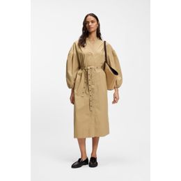 Midikleid BOSS Orange "Dellys Premium Damenmode", Damen, Gr. 38, N-Gr, beige (rust, copper 222), Popeline, Obermaterial: 100% Baumwolle, unifarben, Midi, V-Ausschnitt, elastischer Bund, Kleider Midikleid, mit &Ouml;sen-G&uuml;rtel, Ballon-&Auml;rmel, Regular Fit