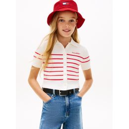 Strickjacke Tommy Hilfiger "SWEATER RIB POLO SS", M&auml;dchen, Gr. 16 (176), rot alert, Strick, Obermaterial: 72% Baumwolle, 28% Polyamid, gestreift, regular fit taillenlang, Rundhals, eingesetzt B&uuml;ndchen, Strickjacken Strickjacke, Kinder bis 16 Jahre, regular fit