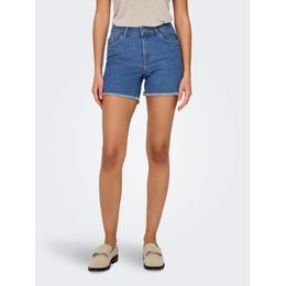 Jeansshorts Only "ONLLAURA MID WAIST SHORT RW BOX", Damen, Gr. XL, N-Gr, medium blau denim, Denim/Jeans, Obermaterial: 80% Baumwolle, 19% Polyester, 1% Elasthan, unifarben, regular fit kurz, Jeans Jeansshorts, mit ausgefranstem Saum