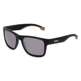 HUGO BOSS Boss 1496/S | Herren-Sonnenbrille | Fassung: Vollrand, Quadratisch, Kunststoff, Schwarz Matt | Glasfarbe: Grau Spiegel Silber