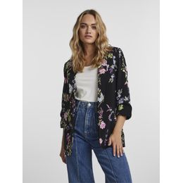 Blusenblazer Pieces "PCBOSELLA 3/4 PRINTED BLAZER NOOS", Damen, Gr. XS, schwarz (schwarz aop:flower), Web, Obermaterial: 98% Polyester, 2% Elasthan, bedruckt, figurumspielend h&uuml;ftbedeckend, V-Ausschnitt, Blazer Blusenblazer, mit 3/4 &Auml;rmel