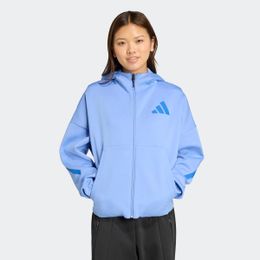 Kapuzensweatshirt adidas Sportswear "W Z.N.E. FZ", Damen, Gr. XS, blau (blau fusion), Obermaterial: 57% Polyester, 43% Baumwolle, Sweatshirts
