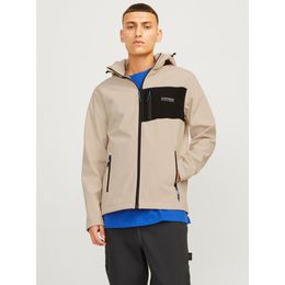 Jack & Jones Softshelljacke JACK & JONES "JJTAYLOR SOFTSHELL JACKET", Herren, Gr. XS, gelb (moonbeam), Web, Obermaterial: 100% Polyester, unifarben mit Farbeinsatz, normal, gerader Abschluss, Jacken Softshelljacke