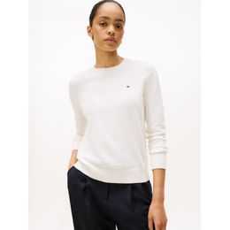 Rundhalspullover Tommy Hilfiger "CO JERSEY STITCH LS C-NK SWT", Damen, Gr. XXL (44), wei&szlig; (ivory petal), Strick, Obermaterial: 67% Baumwolle, 33% Polyamid, unifarben, normal h&uuml;ftlang, Rundhals, B&uuml;ndchen, Pullover Rundhalspullover, mit Logostickerei